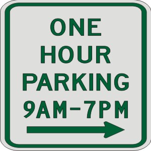 R7-5 One Hour Parking With Times and Right Arrow